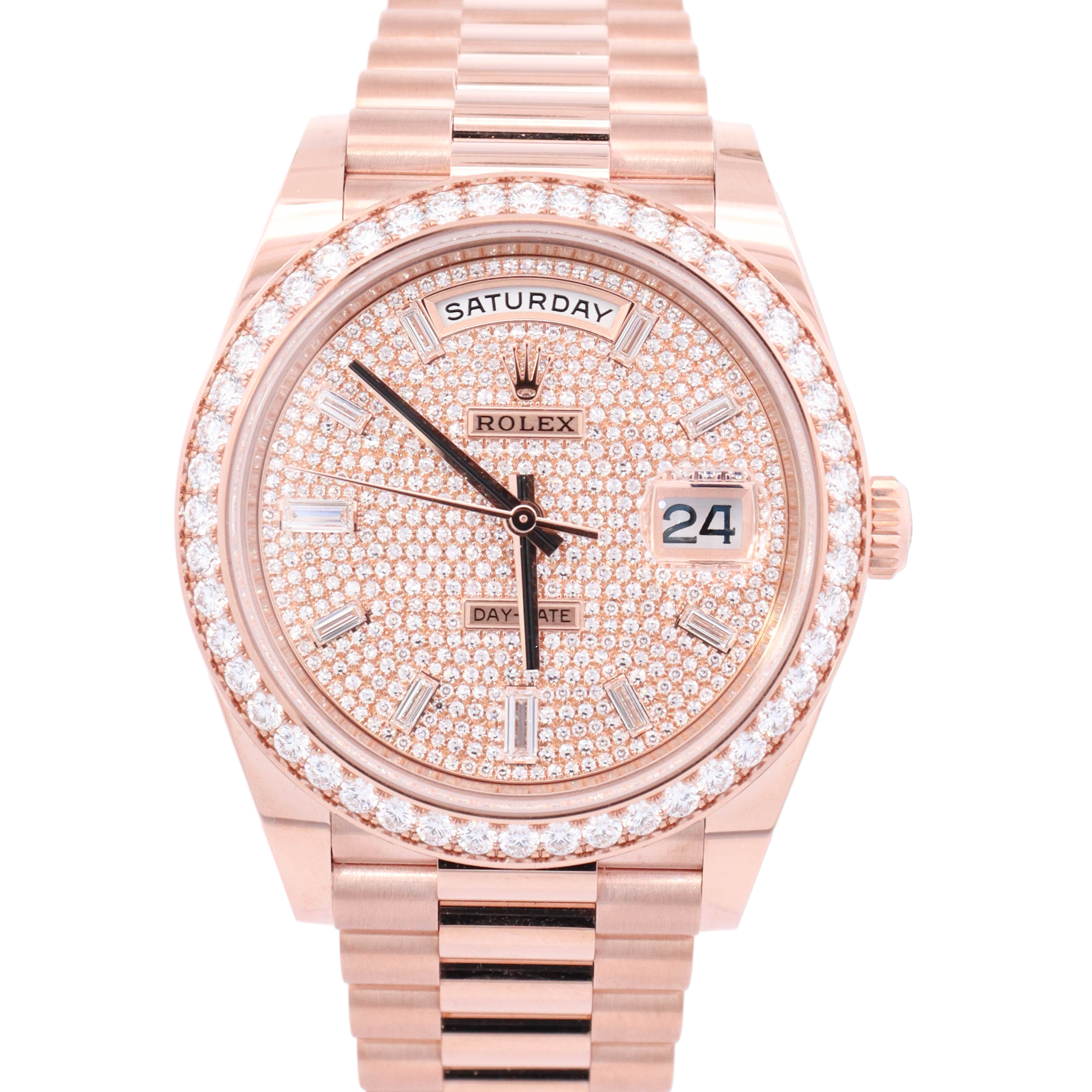 Rolex Day Date 40mm Everose Gold Factory Pave Baguette Dial Watch Refe ...