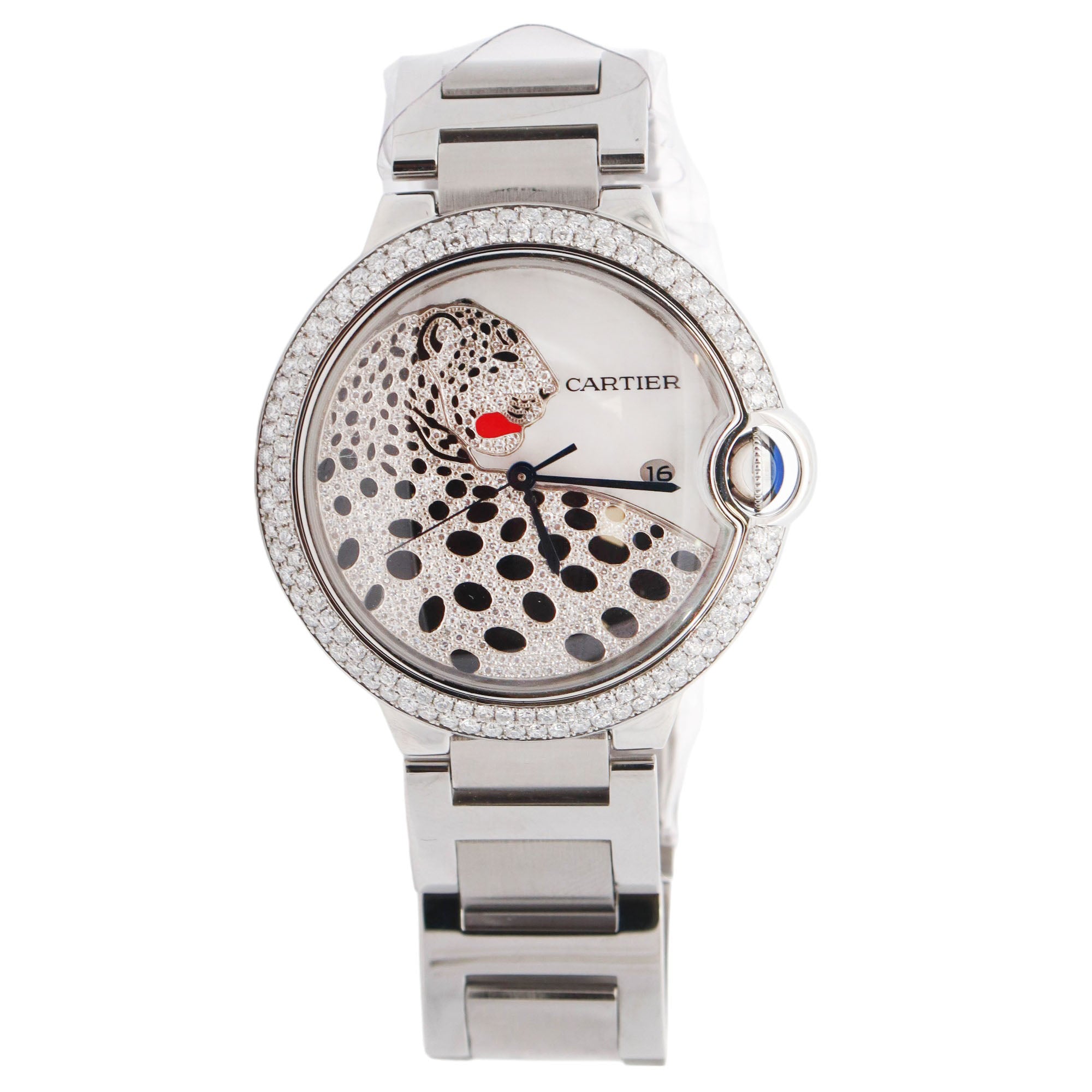 Cartier Ballon Bleu Stainless Steel 42mm Custom Diamond Panther Dial W ...
