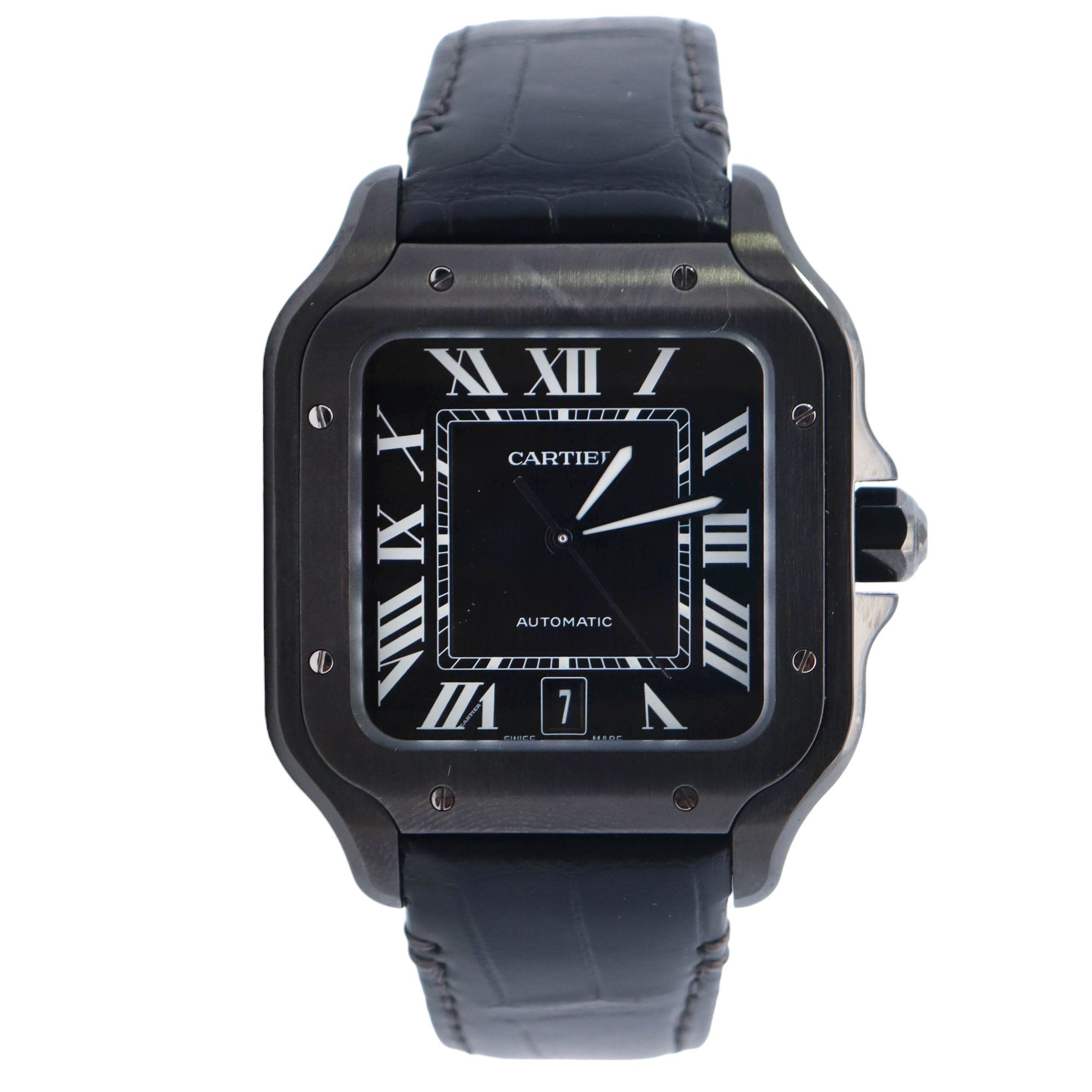 Cartier Santos Black Stainless Steel 38x47mm Black Roman Dial Watch Re ...