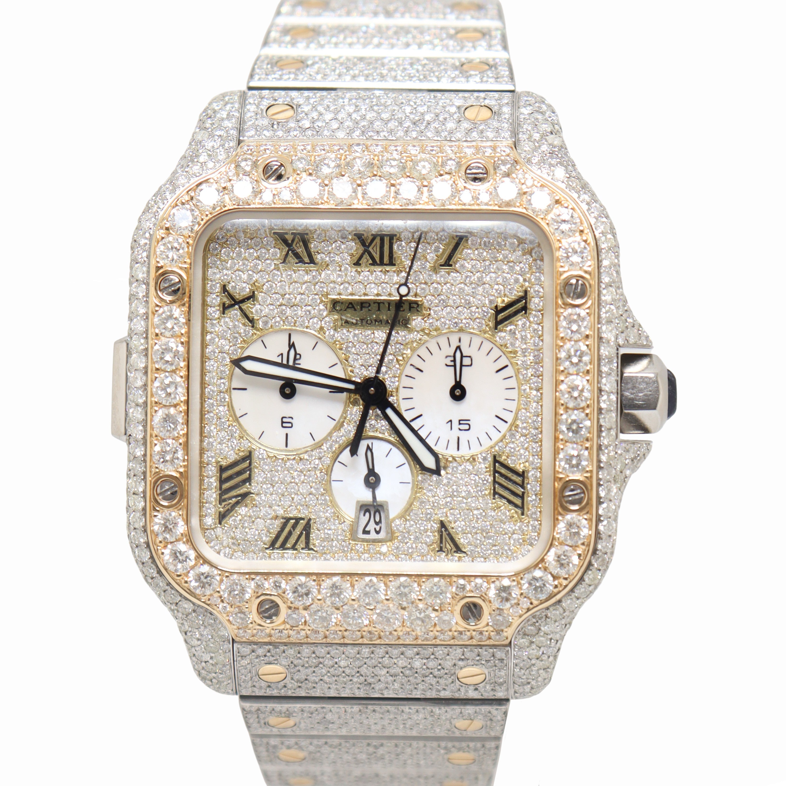 Cartier Santos 44m ICED OUT Yellow Gold & Stainless Steel Silver Roman ...